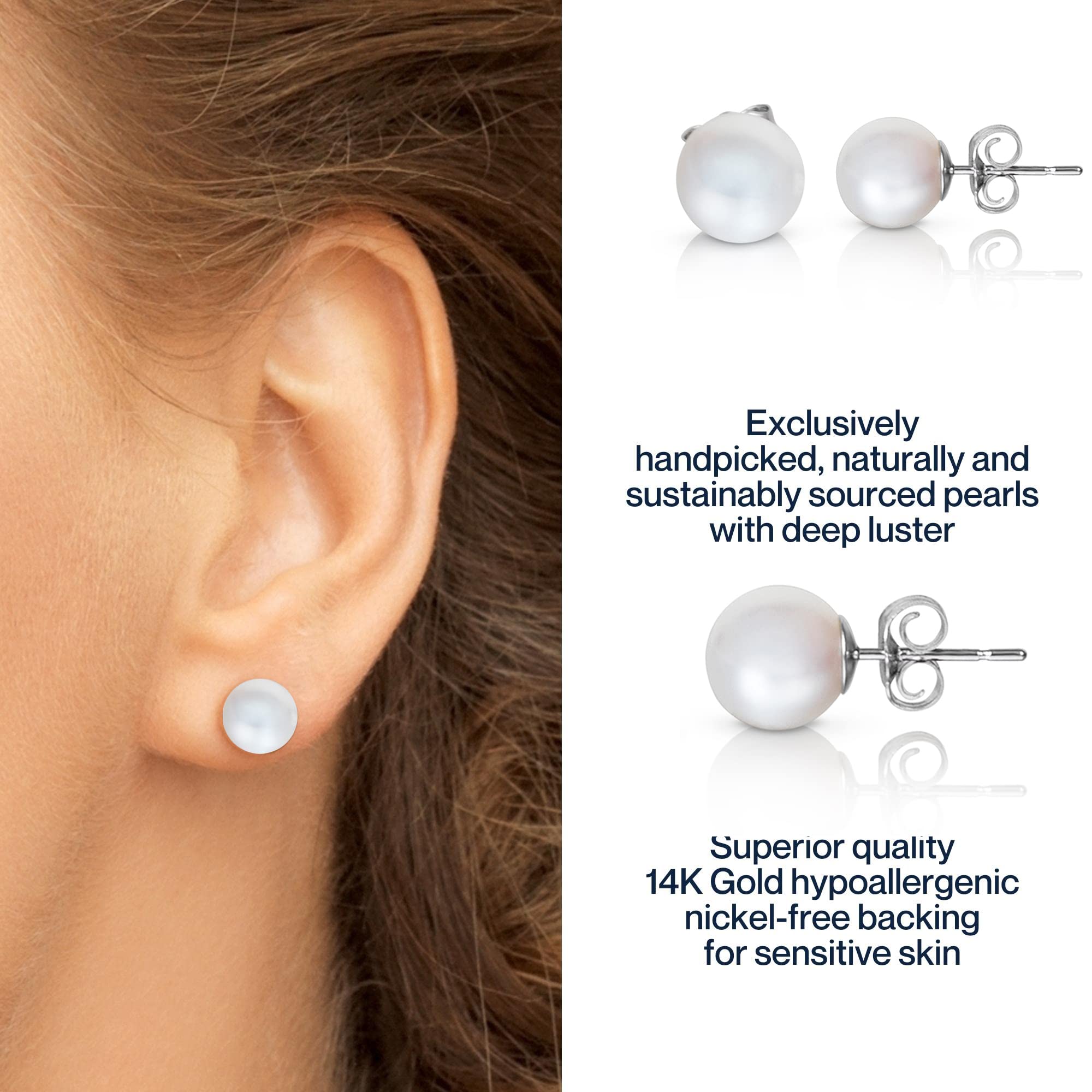 BELLA LEORA Round White AAA Freshwater Real Pearl Earrings - Great Holiday Gift for Women - 14k White Gold with Genuine Cultured Pearls, 7mm-7.5mm Hypoallergenic