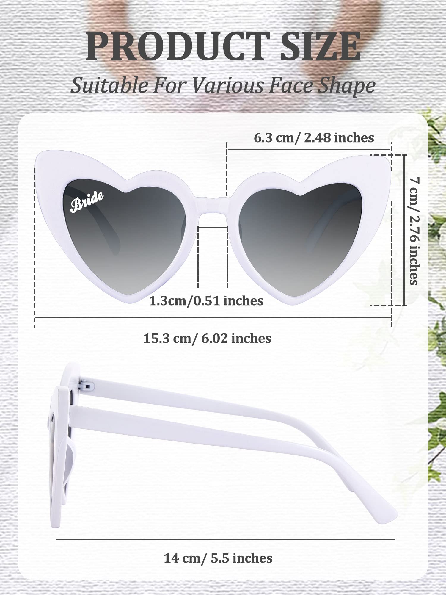 Dunzy 7 Pairs Bachelorette Sunglasses Retro Heart Bride Sunglasses Vintage Wedding Sunglasses for Bridesmaid Bridal Party (White, Black, Grey)