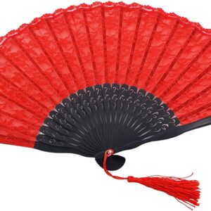 Womens Multi Color Handmade Cotton Lace Folding Hand Fan (Black-A) (Red)