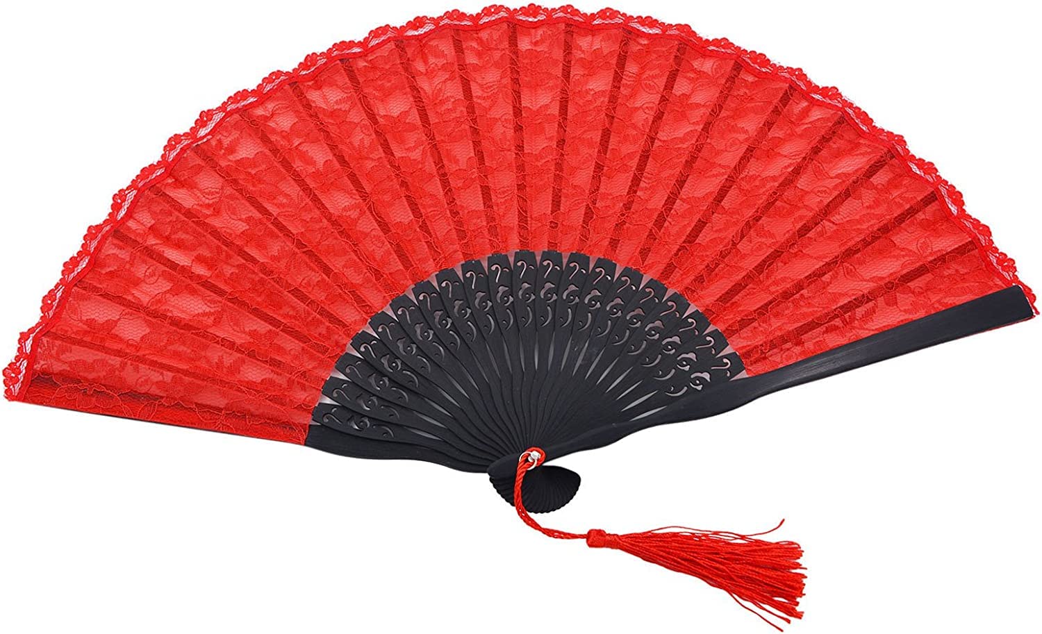 Womens Multi Color Handmade Cotton Lace Folding Hand Fan (Black-A) (Red)