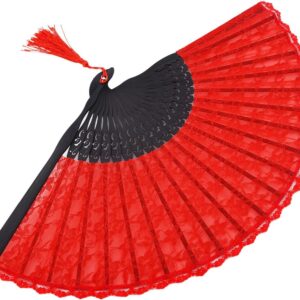 Womens Multi Color Handmade Cotton Lace Folding Hand Fan (Black-A) (Red)