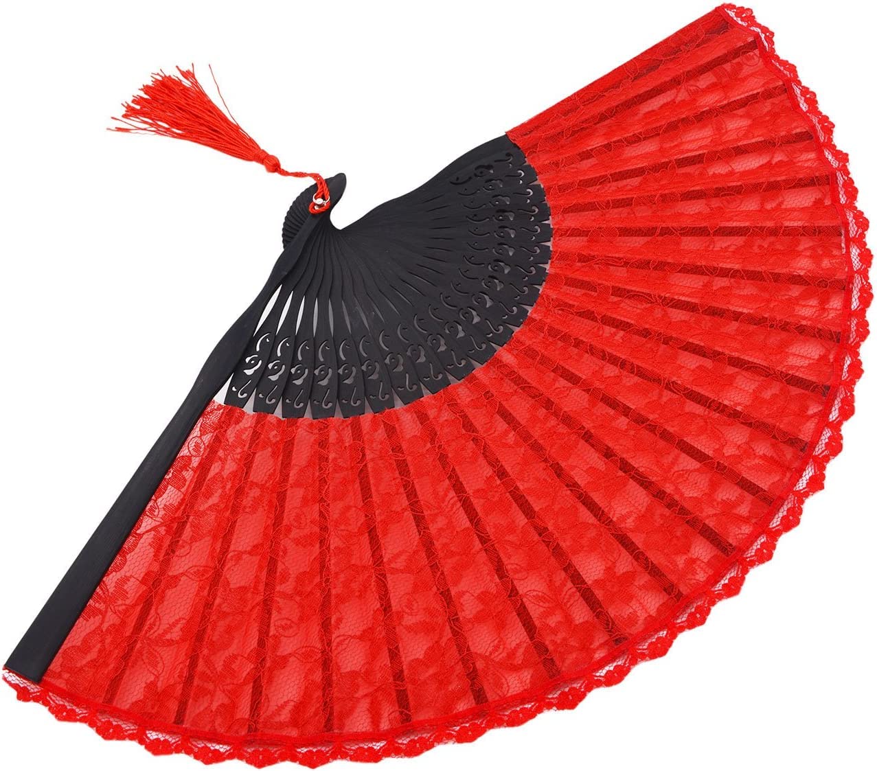 Womens Multi Color Handmade Cotton Lace Folding Hand Fan (Black-A) (Red)