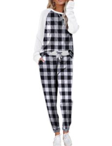 ekouaer women's pajama set long sleeve pjs 2 piece outfit pullover sleepwear sweatshirt and long pants with pockets black white plaid m