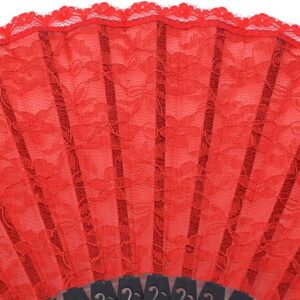 Womens Multi Color Handmade Cotton Lace Folding Hand Fan (Black-A) (Red)