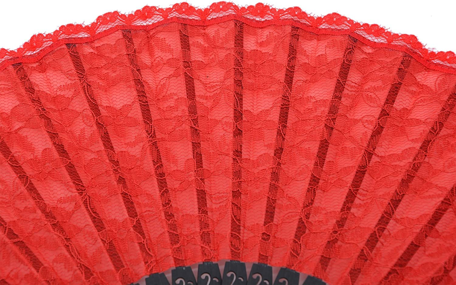 Womens Multi Color Handmade Cotton Lace Folding Hand Fan (Black-A) (Red)