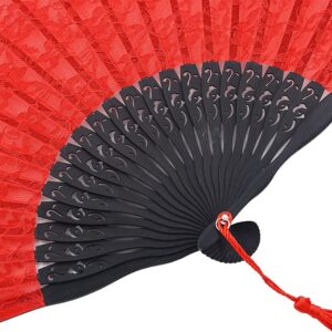 Womens Multi Color Handmade Cotton Lace Folding Hand Fan (Black-A) (Red)