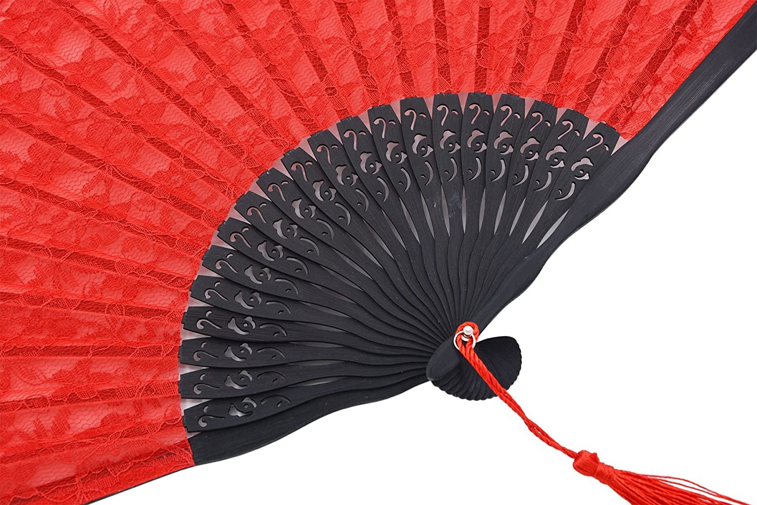 Womens Multi Color Handmade Cotton Lace Folding Hand Fan (Black-A) (Red)