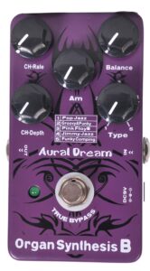 aural dream organ synthesis b guitar effect pedal includes pop jazz,groovy&funky,jimmy jazz and funky comping effects with rotary horn,percussion and chorus modules,true bypass.