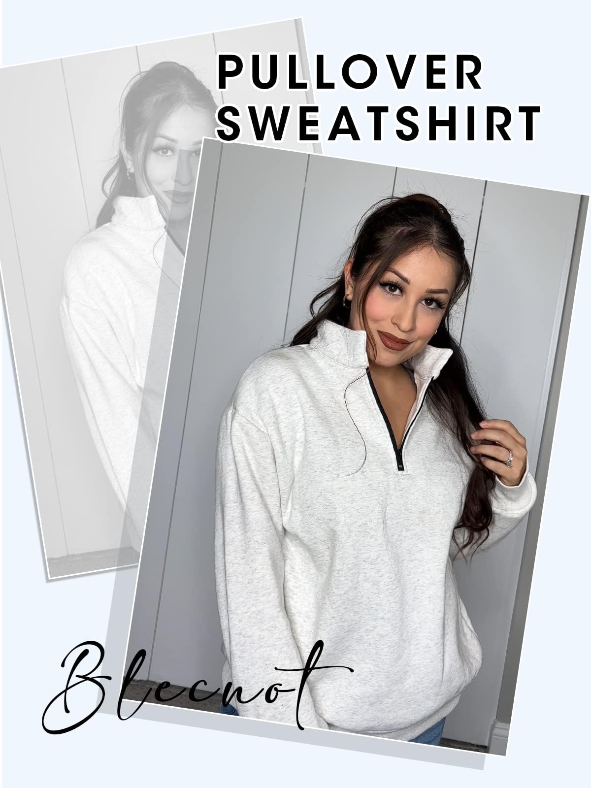 BLENCOT Women Half Zip Oversized Sweatshirts Long Sleeve Solid Color Drop Shoulder Fleece Workout Pullover Gray L