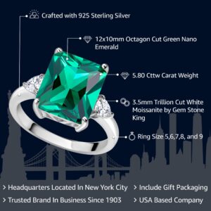 Gem Stone King 925 Sterling Silver Emerald Cut Green Nano Emerald and White Moissanite 3 Stone Ring For Women (5.80 Cttw, Available In Size 5, 6, 7, 8, 9)