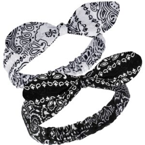 2 pieces bandana headband for women, knot retro print headbands paisley print headband headwrap adjustable headwrap(white, black)