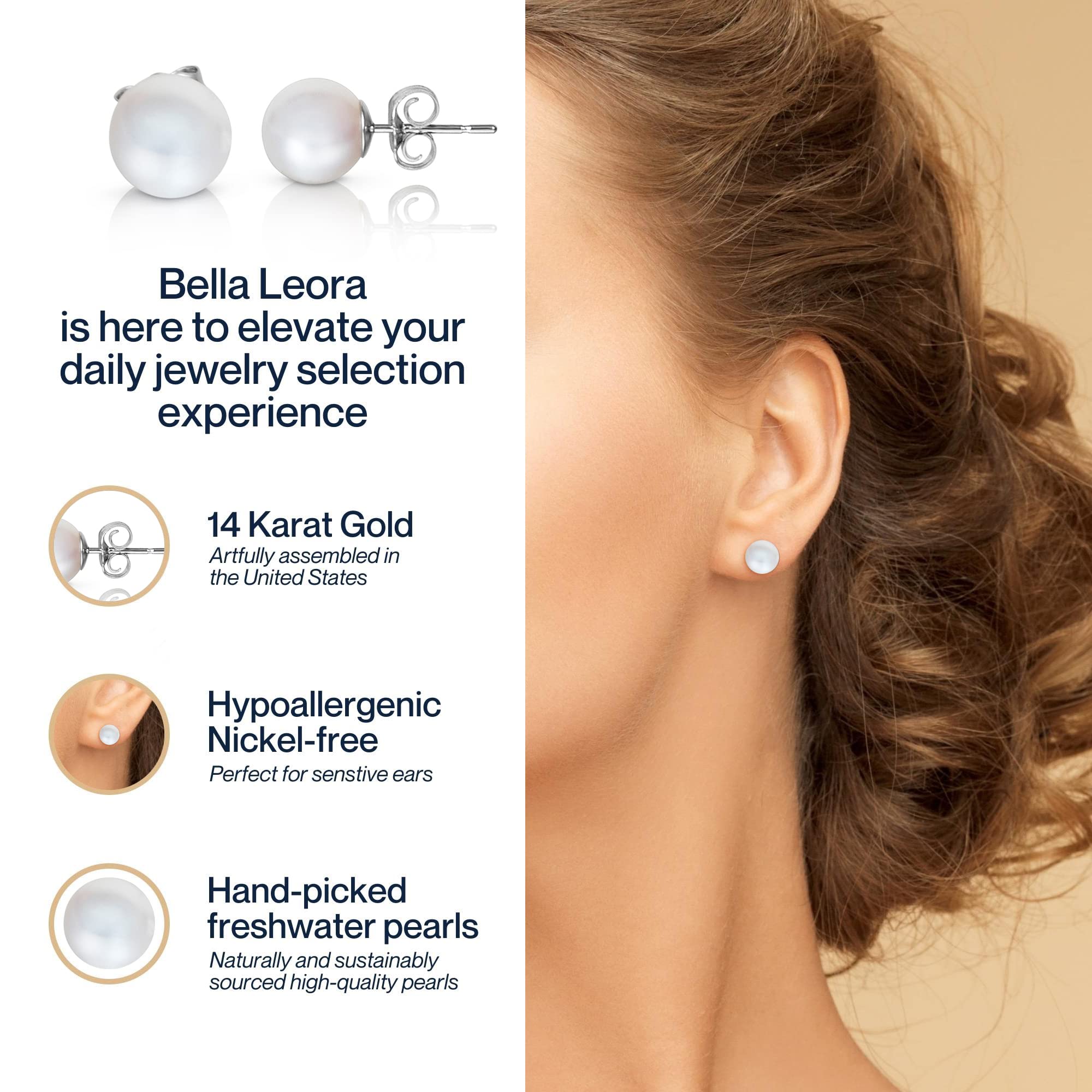 BELLA LEORA Round White AAA Freshwater Real Pearl Earrings - Great Holiday Gift for Women - 14k White Gold with Genuine Cultured Pearls, 7mm-7.5mm Hypoallergenic