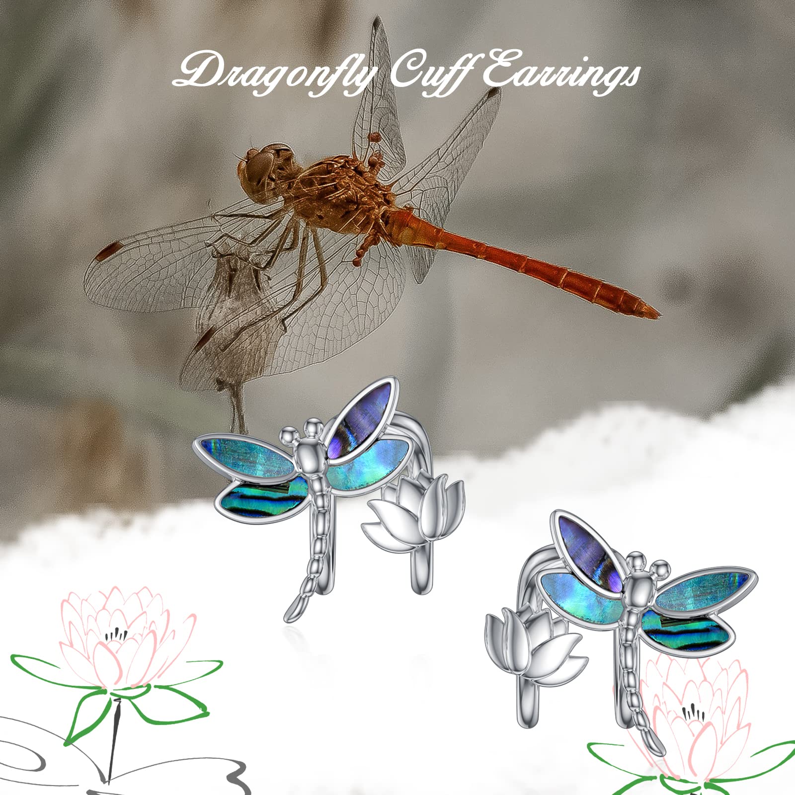 Dragonfly Ear Cuffs for Non PierceD Ears Sterling Silver Cuff Earrings with Abalone Shell, Dragonfly Gifts for Women