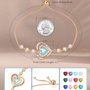 925 Sterling Silver Birthstone Bracelets for Women with 5A Birthstone Zirconia Forever Love Heart Bolo Tennis Bracelet Jewelry Gifts for Mom Her Women,Adjustable Chain Length 9.1 inch