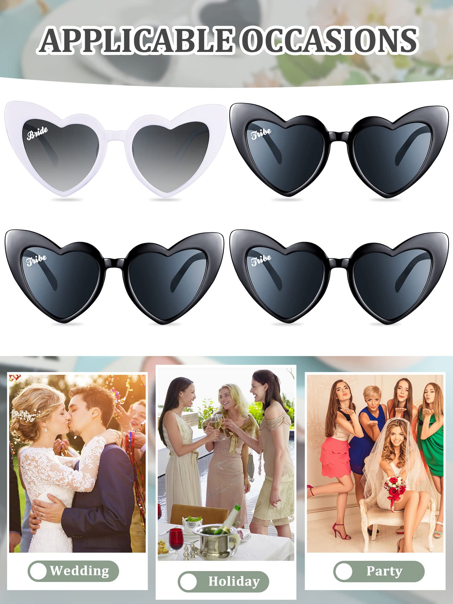 Dunzy 7 Pairs Bachelorette Sunglasses Retro Heart Bride Sunglasses Vintage Wedding Sunglasses for Bridesmaid Bridal Party (White, Black, Grey)