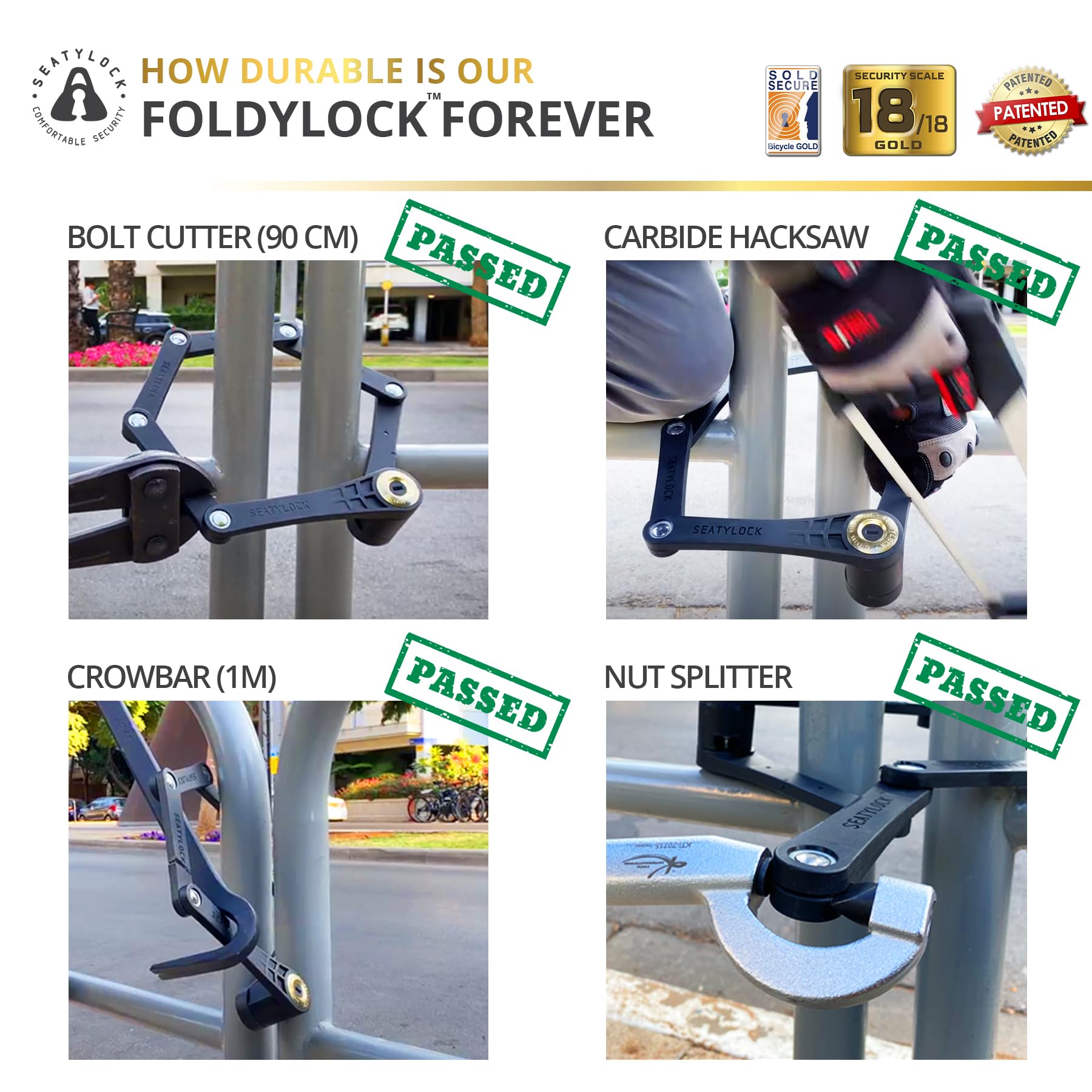 FoldyLock Forever Folding Bike Lock - Patented Sleek High Security Sold Secure Gold Bicycle Lock - Heavy Duty Anti Theft Smart Guard with Keys - 90cm