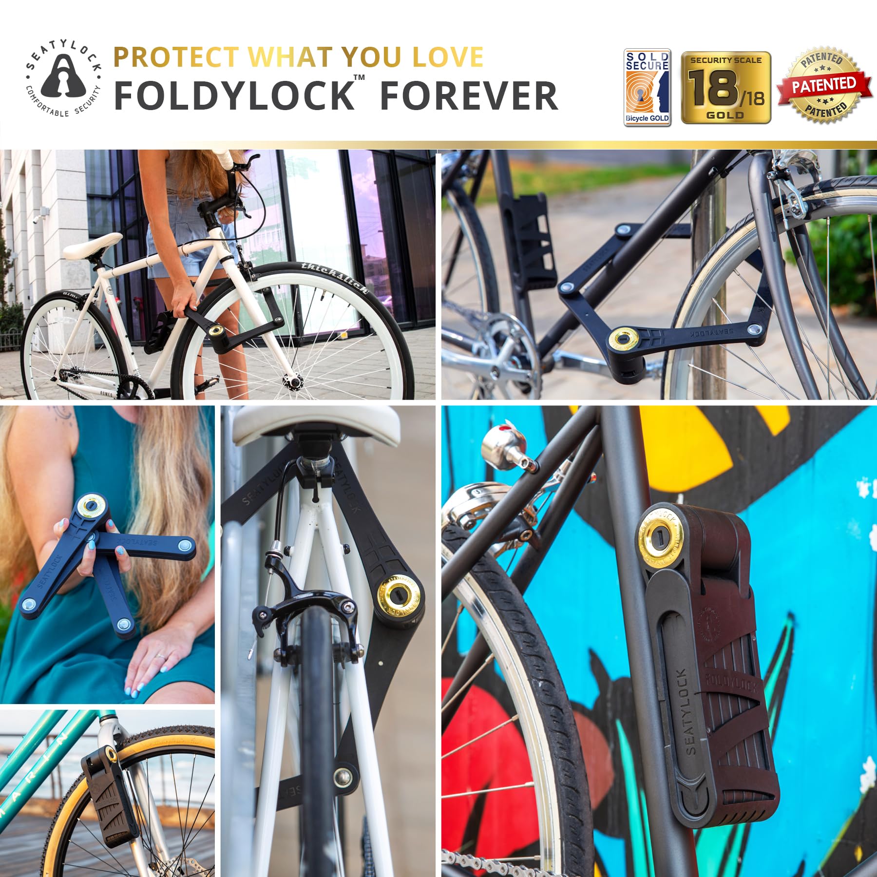 FoldyLock Forever Folding Bike Lock - Patented Sleek High Security Sold Secure Gold Bicycle Lock - Heavy Duty Anti Theft Smart Guard with Keys - 90cm