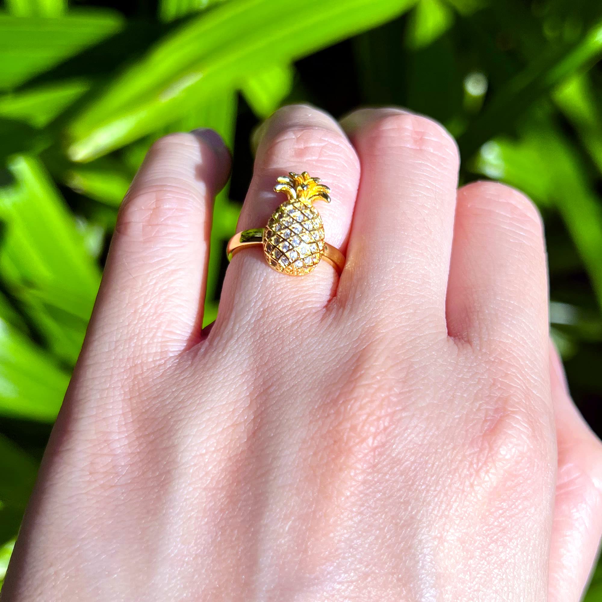 Aloha Jewelry Company 18K Gold Plated Sterling Silver Hawaiian Pineapple Plant Ring Stackable Wedding Band with Cubic Zirconia, Yellow-Gold (11)