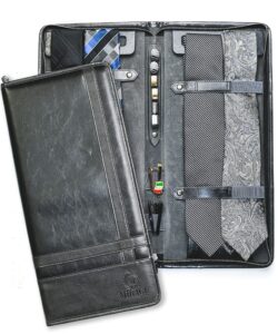 tie case travel organizer for men - with bonus cufflinks storage, collar stays slots, pocket for small jewelry - graphite black motif