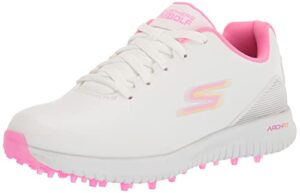 skechers women's go max arch fit spikeless golf shoe sneaker, white/pink waterproof, 6.5