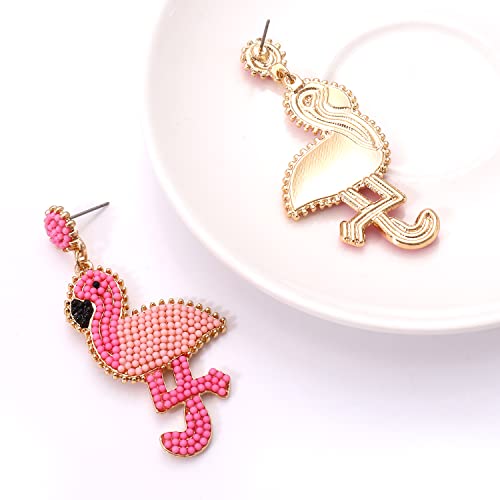 Beaded Flamingo Earrings for Women Handmade Boho Tropical Bird Earrings Statement Pink Animal Flamingo Drop Dangle Earrings Summer Beach Jewelry Gift