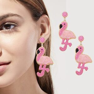 Beaded Flamingo Earrings for Women Handmade Boho Tropical Bird Earrings Statement Pink Animal Flamingo Drop Dangle Earrings Summer Beach Jewelry Gift