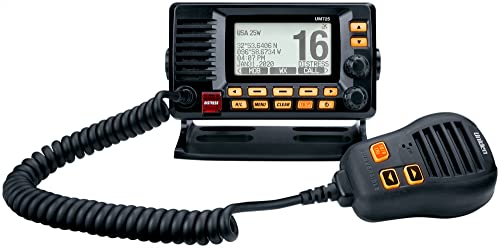 Uniden UM725BK Marine VHF Radio, All USA, Canada, and Int'l. Marine Channels, 1Watt/25Watt Transmit Power, Largest LCD Screen in Class, NOAA Weather Channels w/Alerts, Speaker Mic, IPX8 Waterproof.