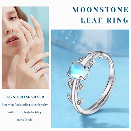 Midir&Etain Leaf Open Ring S925 Sterling Silver Adjustable Moonstone Ring Olive Nature Lover Jewelry Gifts for Women