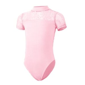 kkmeter kids girl's high neck floral lace cutout back leotard short sleeve ballet dance gymnastics athletic bodysuit (pink, 9-10)