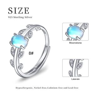 Midir&Etain Leaf Open Ring S925 Sterling Silver Adjustable Moonstone Ring Olive Nature Lover Jewelry Gifts for Women