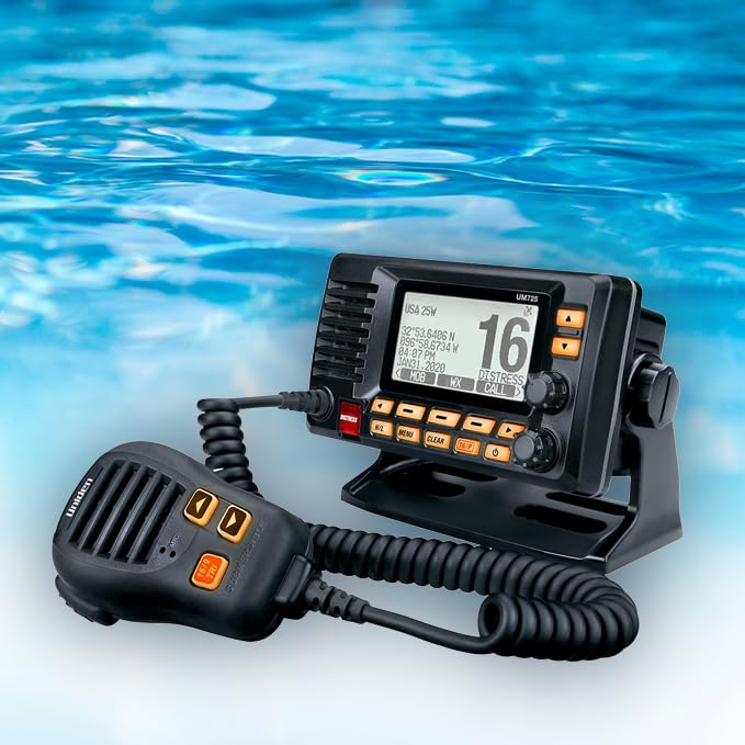 Uniden UM725BK Marine VHF Radio, All USA, Canada, and Int'l. Marine Channels, 1Watt/25Watt Transmit Power, Largest LCD Screen in Class, NOAA Weather Channels w/Alerts, Speaker Mic, IPX8 Waterproof.