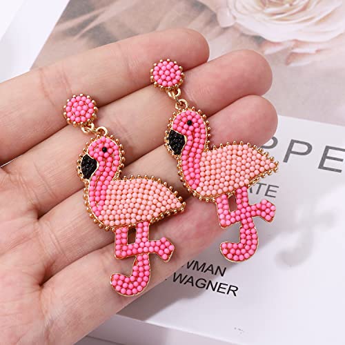 Beaded Flamingo Earrings for Women Handmade Boho Tropical Bird Earrings Statement Pink Animal Flamingo Drop Dangle Earrings Summer Beach Jewelry Gift