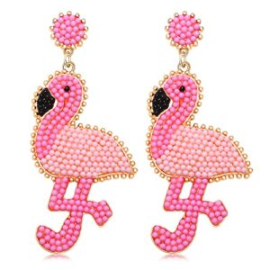 Beaded Flamingo Earrings for Women Handmade Boho Tropical Bird Earrings Statement Pink Animal Flamingo Drop Dangle Earrings Summer Beach Jewelry Gift