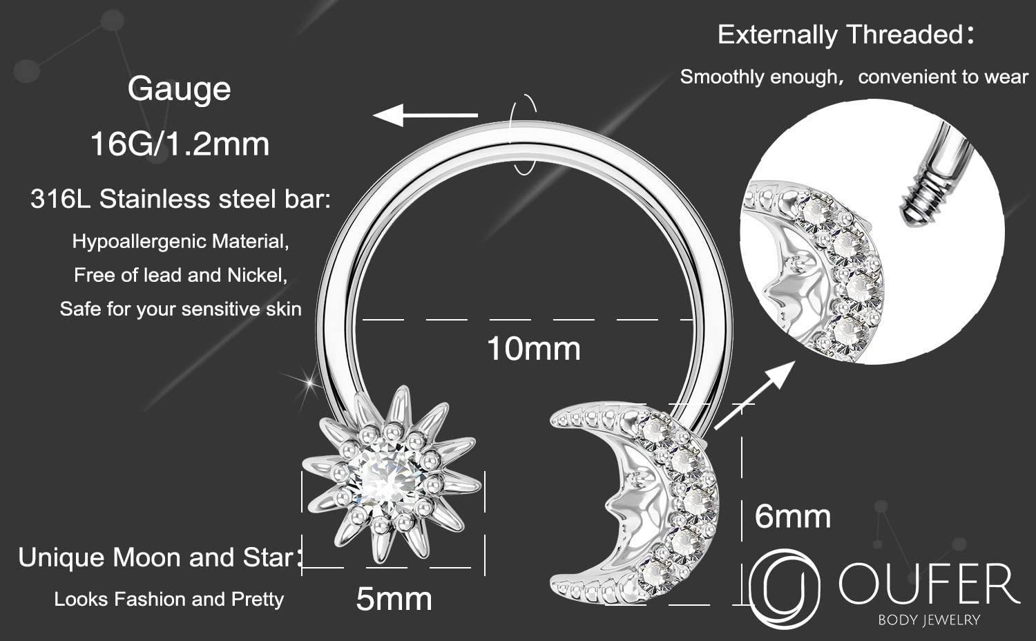 OUFER 16G Septum Rings, Star and Moon Design Nose Ring, Helix Earring, 316L Stainless Steel Tragus Daith Snug Conch Piercing Jewelry，Silver-Color