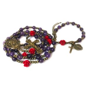 immaculate heart of mary purple amethyst stone and red rose rosary and bracelet set - catholic rosary - rosarios catolicos - catholic gifts women - regalos catolicos para mujer, stone, amethyst