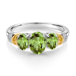 Gem Stone King 925 Sterling Silver and 10K Yellow Gold Oval Green Peridot and White Diamond 3 Stone Ring For Women (2.45 Cttw, Gemstone August Birthstone, Available In Size 5, 6, 7, 8, 9)