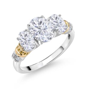 gem stone king 925 sterling silver and 10k yellow gold oval white moissanite and white diamond 3 stone ring for women (2.53 cttw, gemstone birthstone, available in size 5, 6, 7, 8, 9)