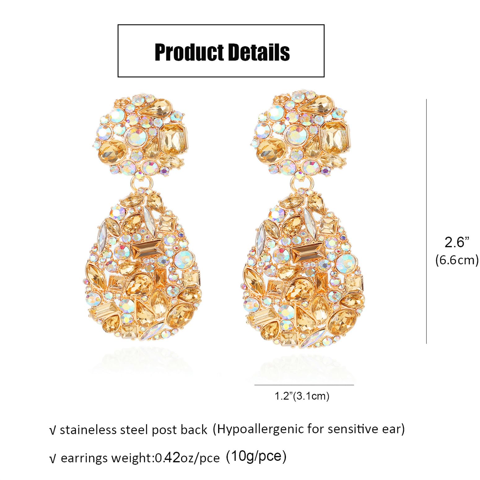 ATIMIGO Trendy Champagne Rhinestone Teardrop Dangle Earrings Sparkly Crystal Chandelier Drop Statement Earrings Hypoallergenic for Women