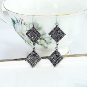 Jet Black Rhinestone Dangle Earrings for Women Silver Plated Sparkling Diamonds Drop Statement Earrings - Hypoallergenic (2 SQUARE)