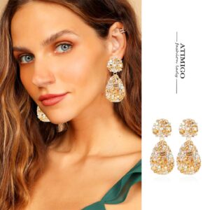 ATIMIGO Trendy Champagne Rhinestone Teardrop Dangle Earrings Sparkly Crystal Chandelier Drop Statement Earrings Hypoallergenic for Women