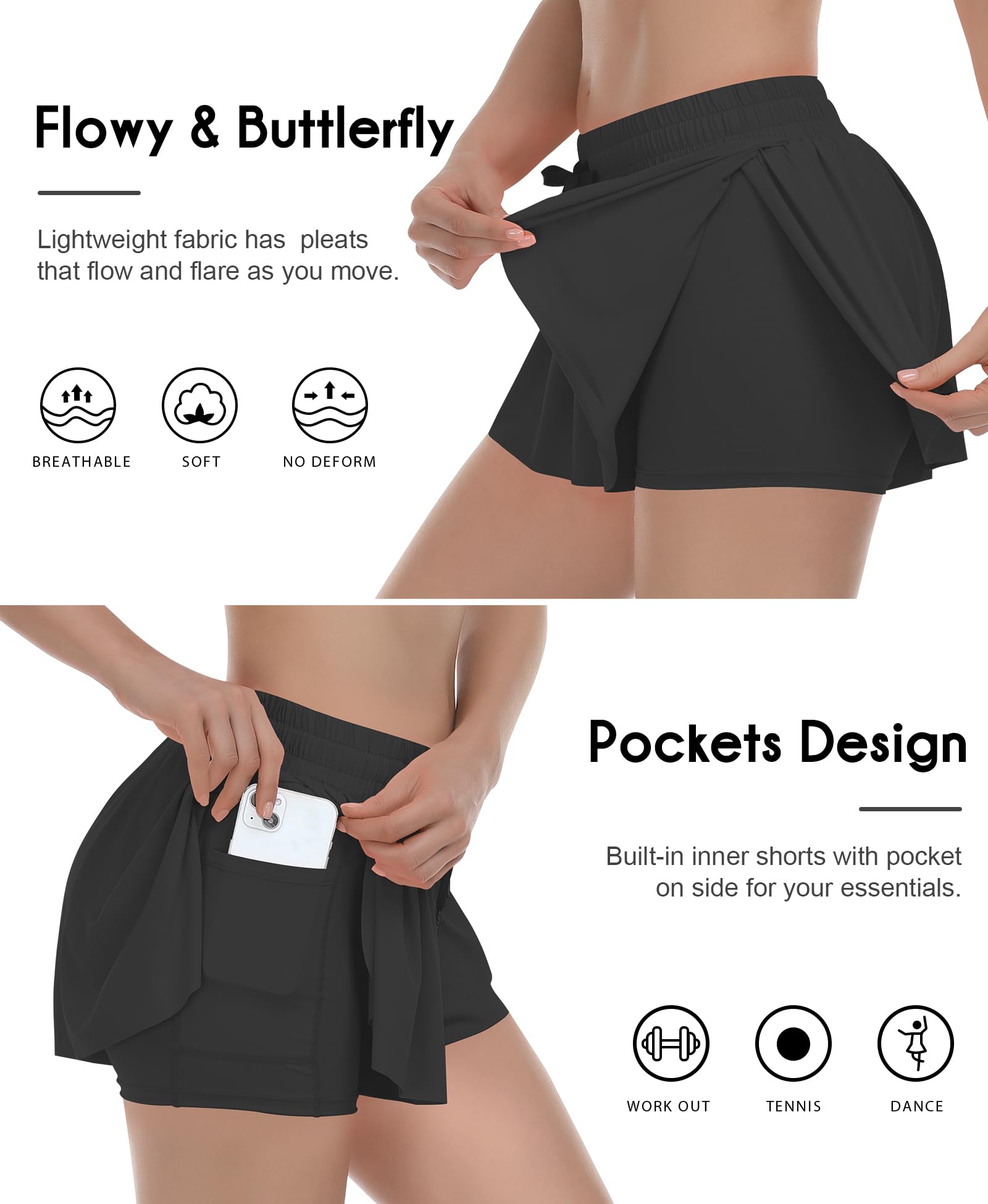 QooNoo 2 in 1 Athletic Shorts for Women Flowy Running Butterfly Shorts with Pockets High Elastic Gym Shorts Workout Tennis Skorts (Black,X-Small)