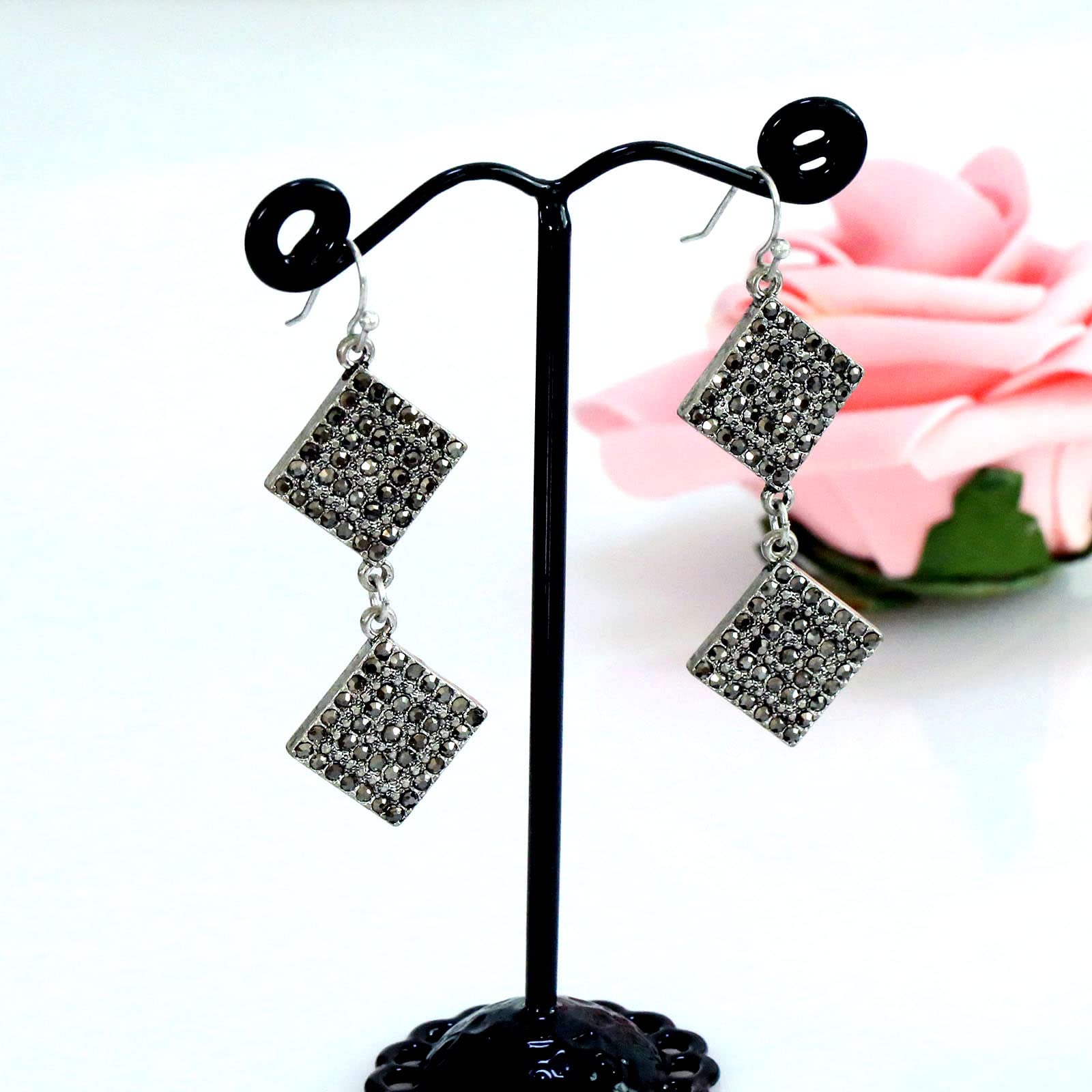 Jet Black Rhinestone Dangle Earrings for Women Silver Plated Sparkling Diamonds Drop Statement Earrings - Hypoallergenic (2 SQUARE)