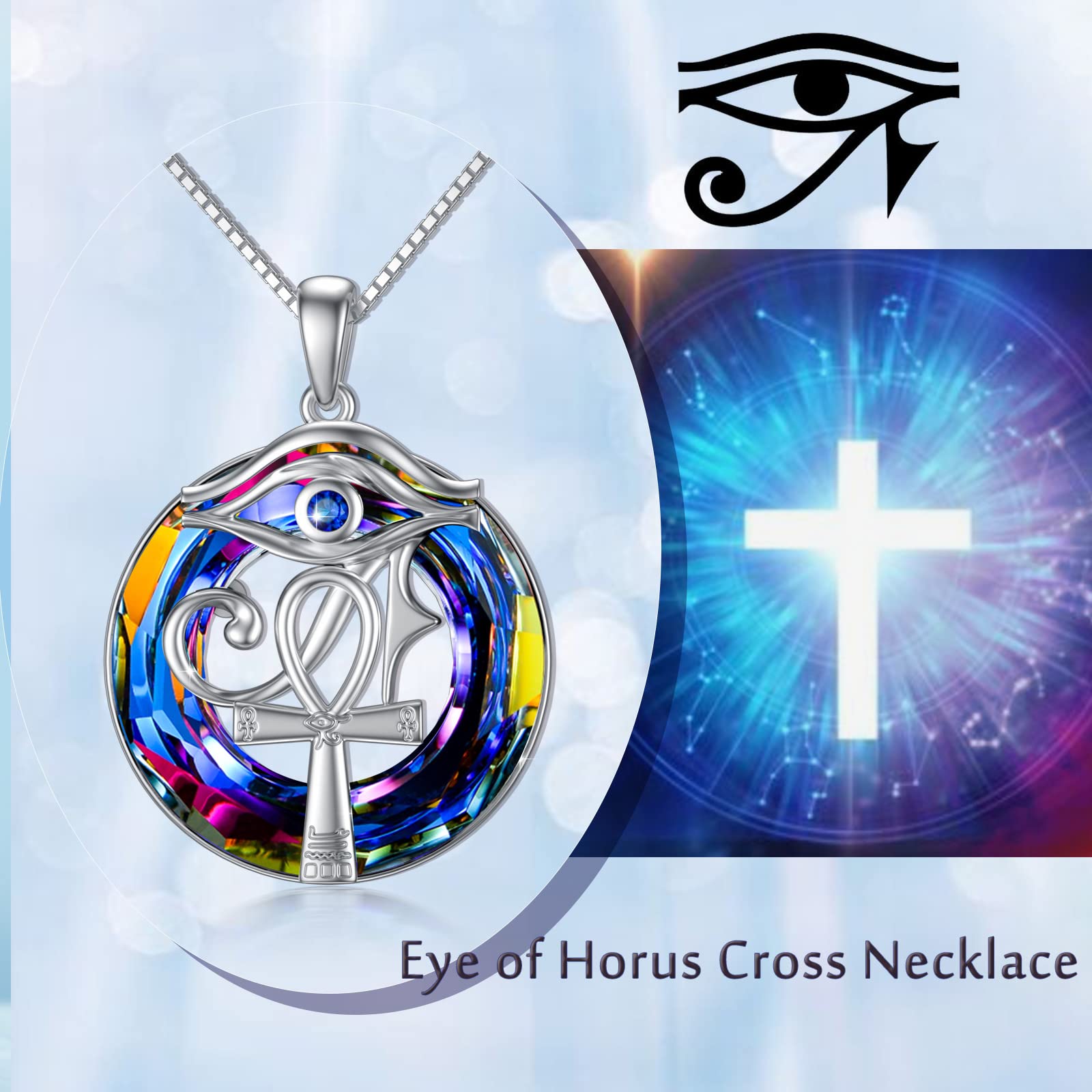 POTOPYY Eye of Horus Necklace Ankh Pendant S925 Sterling Silver Egypt Protection Multicolor Crystal Pendant Coptic Ankh Religious Necklace for Women