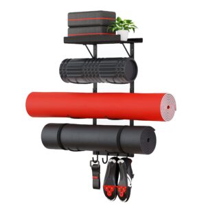 yoga mat holder wall mount, yoga accessory mat storage rack, home gym accessories organizer, floating shelf and hooks for hanging foam roller/band/workout equipment at pilates fitness class