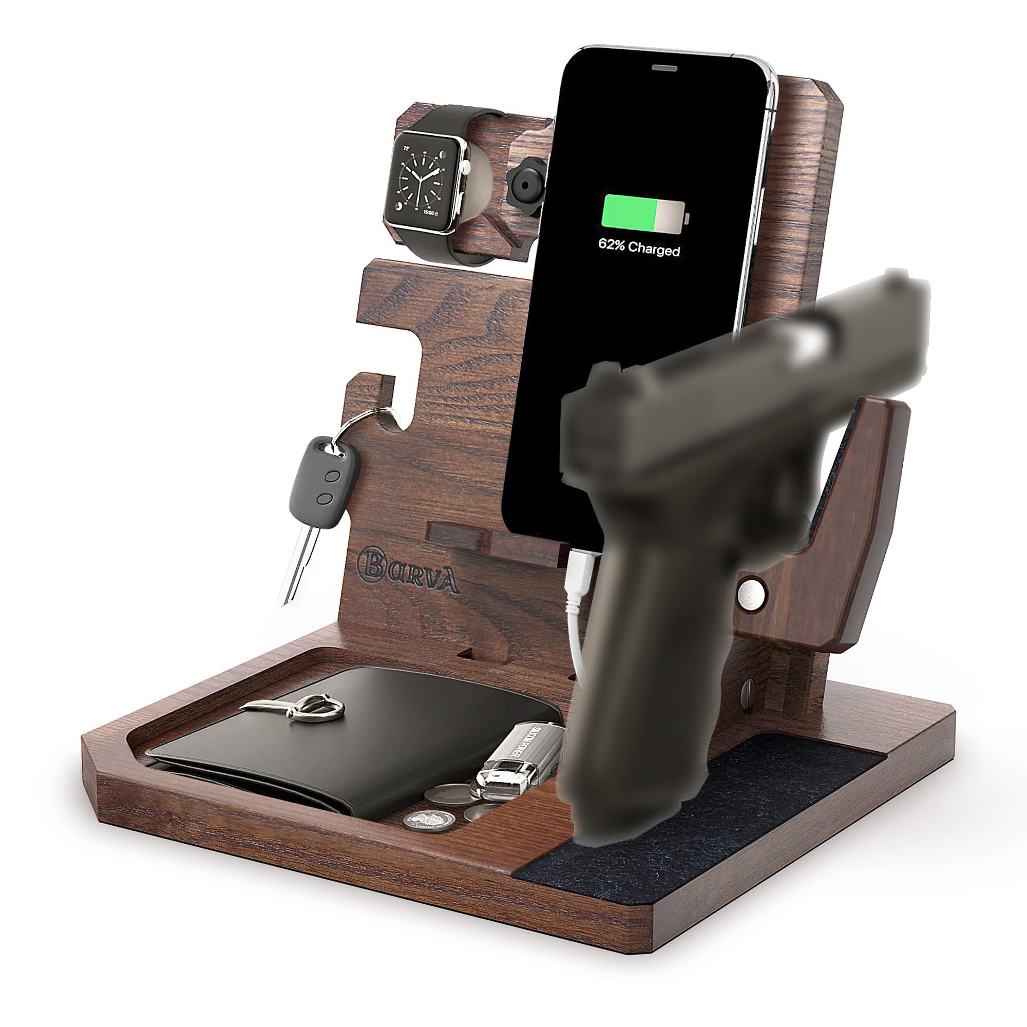 BARVA Adaptive Wood Gun Rack Phone Docking Charging Station Gifts for Men Dad Birthday Ideas Nightstand Organizer Charging Dock Watch Charging Stand Wallet Key Gadget Device Bedroom Bedside Holder