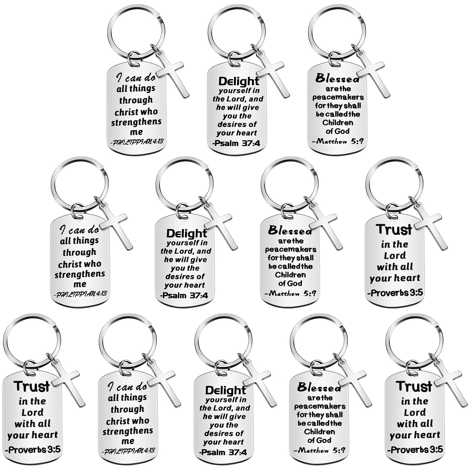 12 Pcs Christian Keychain Gifts Bible Verse Keychain Religious Cross Baptism Gift for Women Men Faith Inspirational Keychain(Silver)