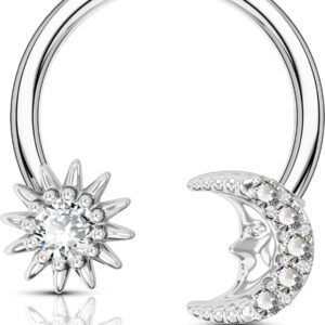 OUFER 16G Septum Rings, Star and Moon Design Nose Ring, Helix Earring, 316L Stainless Steel Tragus Daith Snug Conch Piercing Jewelry，Silver-Color