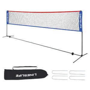 lineslife portable adjustable height badminton net with stand, 13ft wide foldable nylon net, included carry bag, easy to assemble for pickleball tennis badminton, backyard court and indoor outdoor use