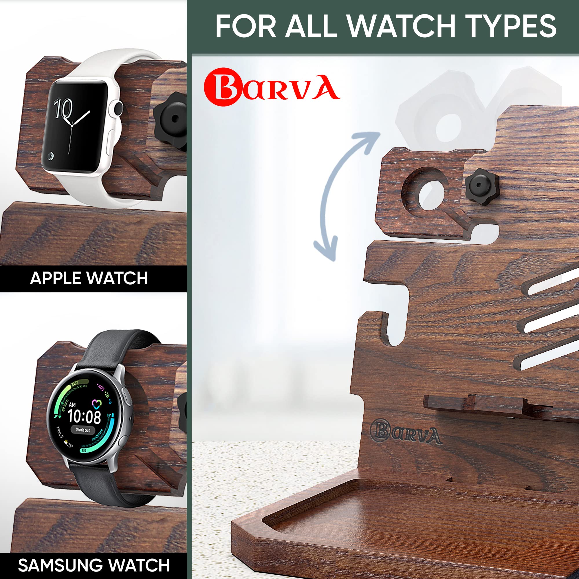 BARVA Adaptive Wood Gun Rack Phone Docking Charging Station Gifts for Men Dad Birthday Ideas Nightstand Organizer Charging Dock Watch Charging Stand Wallet Key Gadget Device Bedroom Bedside Holder