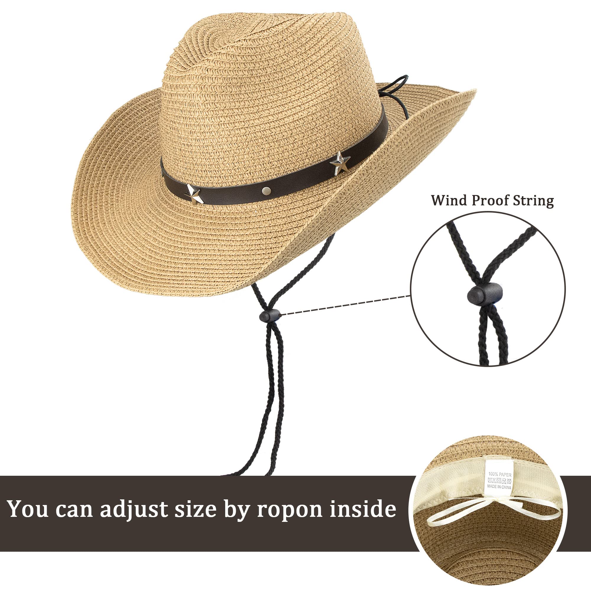 Packable Women's Straw Fedora Western Hat Outback, Beach Cowboy Cowgirl Hat, Beaded Shapeable Brim UV Protection Sun Hat Khaki